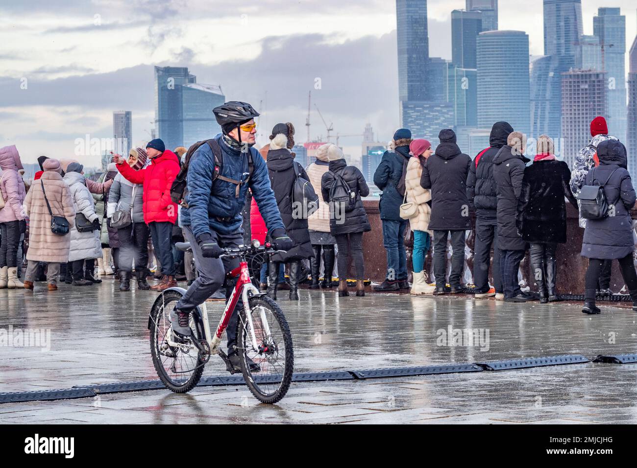 Russia, Moscow. People are seen on an observation deck on Vorobyovy ...