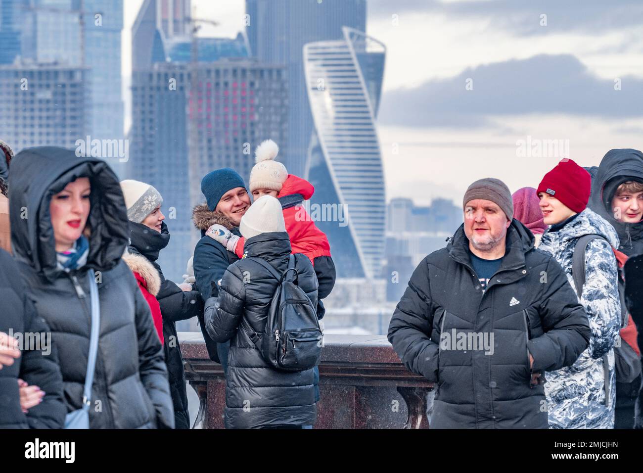 Russia, Moscow. People are seen on an observation deck on Vorobyovy ...