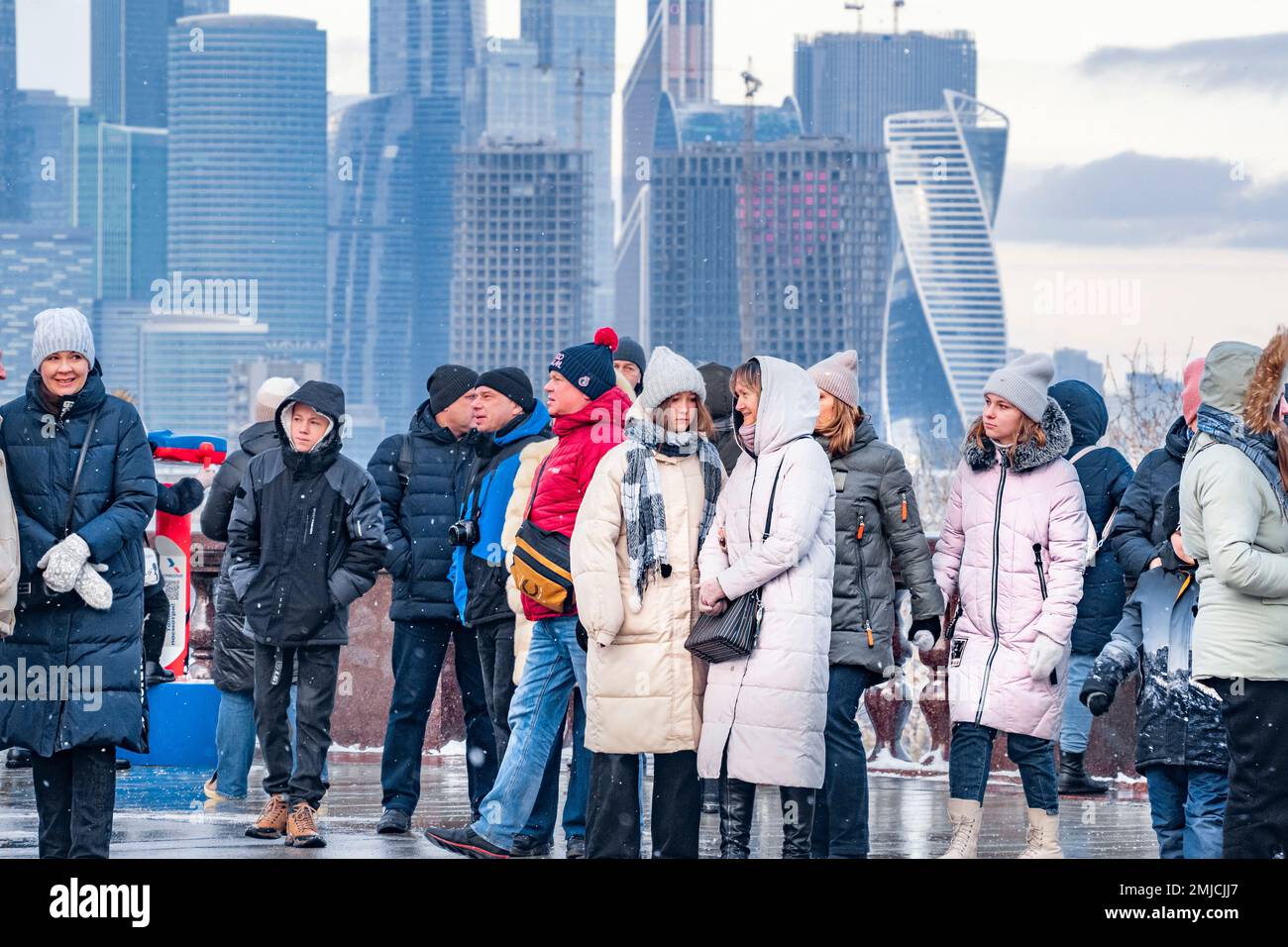 Russia, Moscow. People are seen on an observation deck on Vorobyovy ...