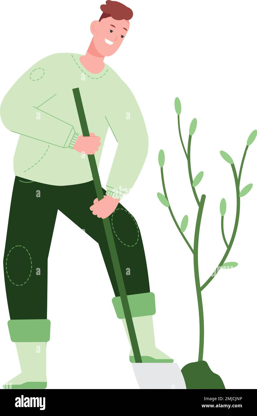 Happy man planting tree. Eco volunteer character isolated on white ...