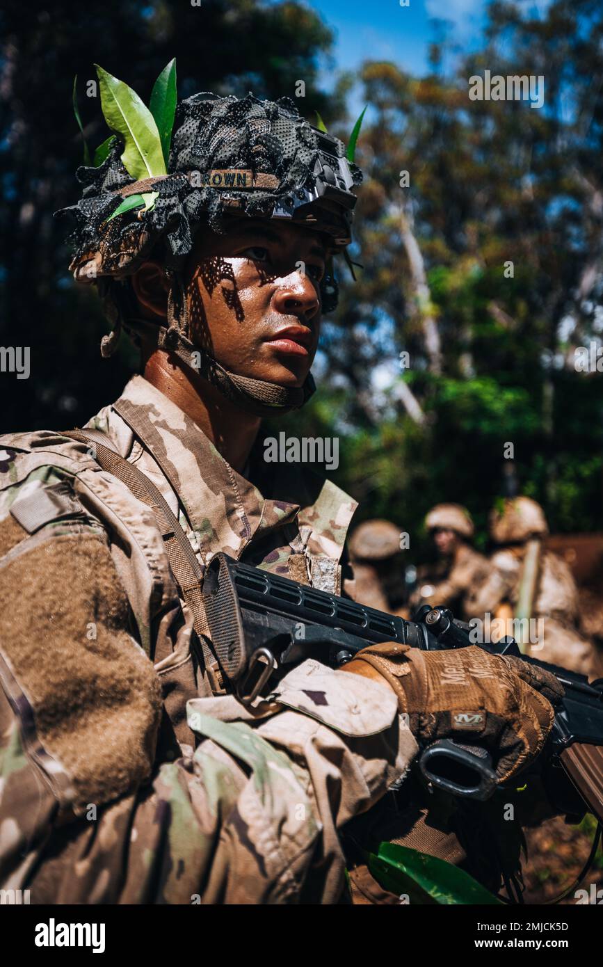 U.S. Soldier pulls security during an ambush exercise at the Small Unit ...