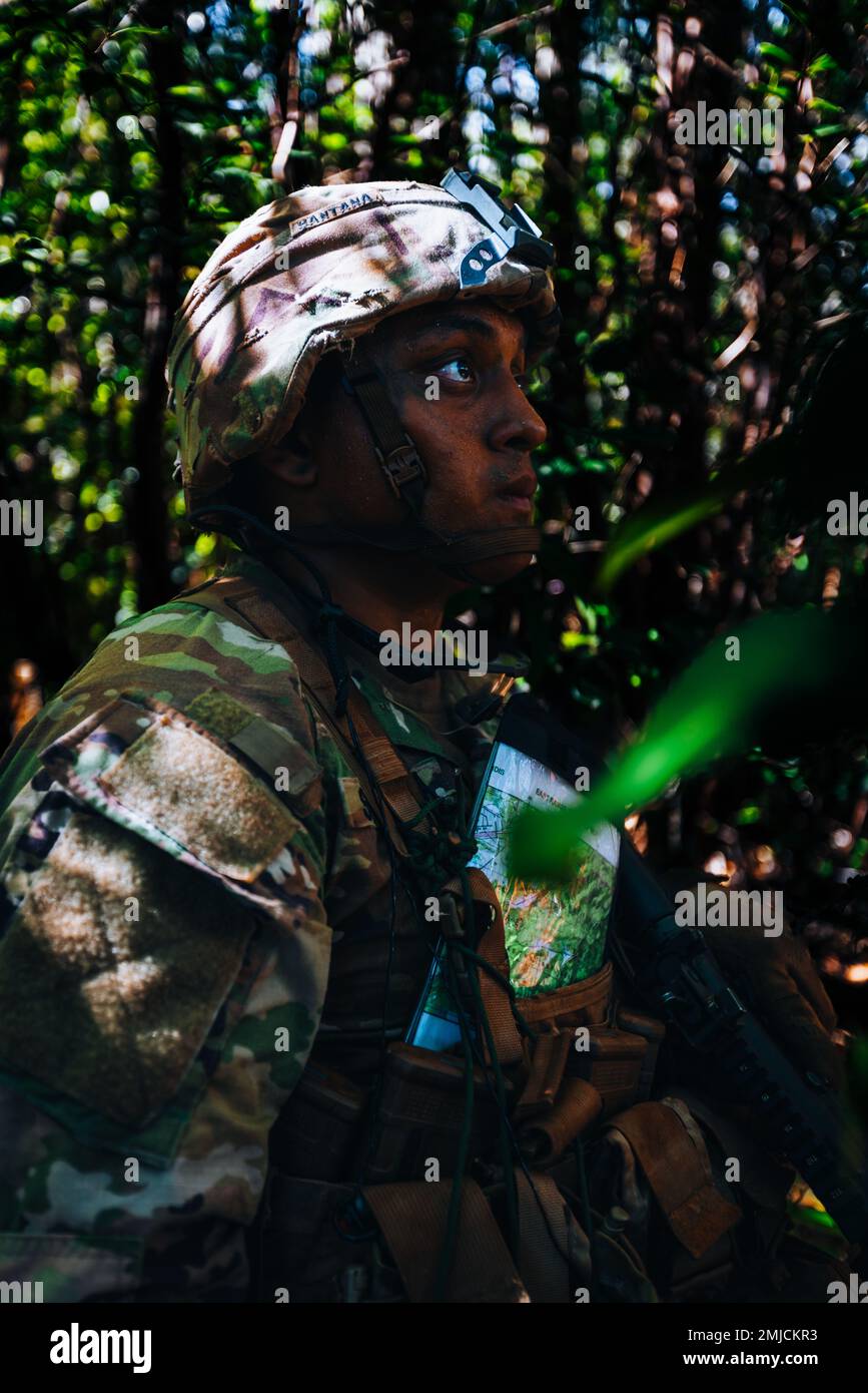 U.S. Soldier establishes a perimeter during an ambush exercise at the ...