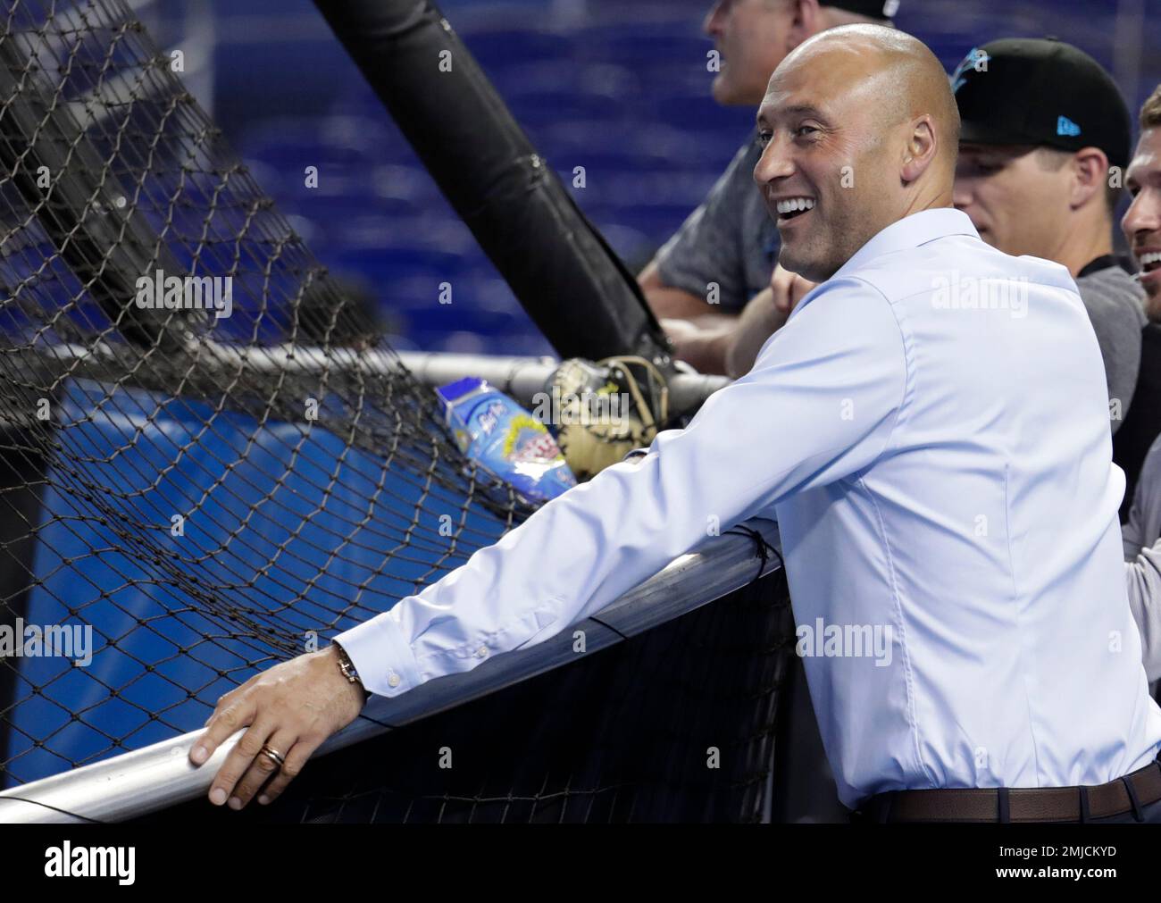 Miami Marlins CEO Derek Jeter watches batting practice before a ...