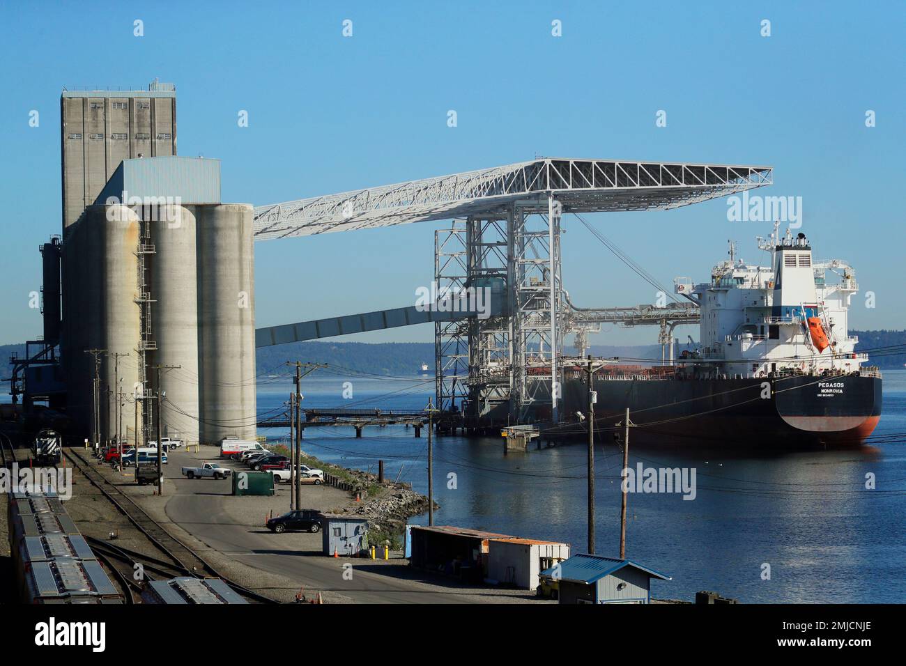 FILE - In this May 10, 2019, file photo a bulk carrier ship is loaded ...