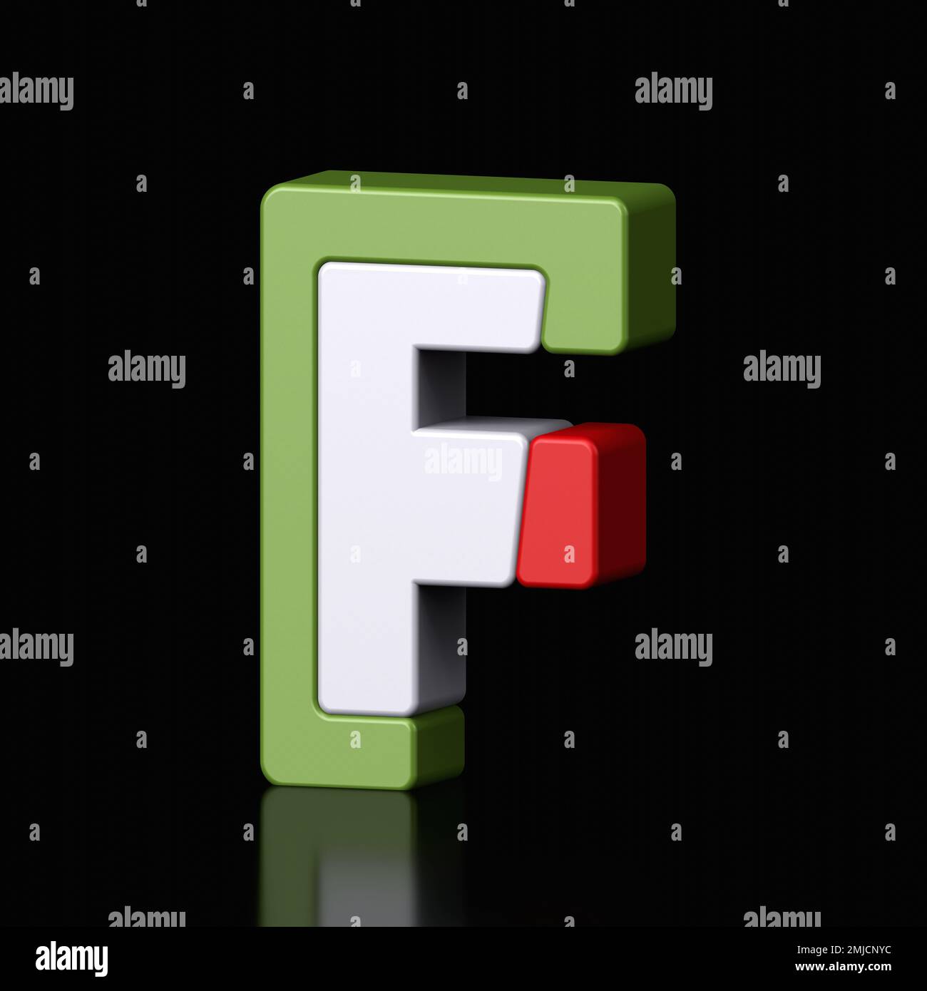3d letter F plastic light green and red from alphabet isolated in a ...