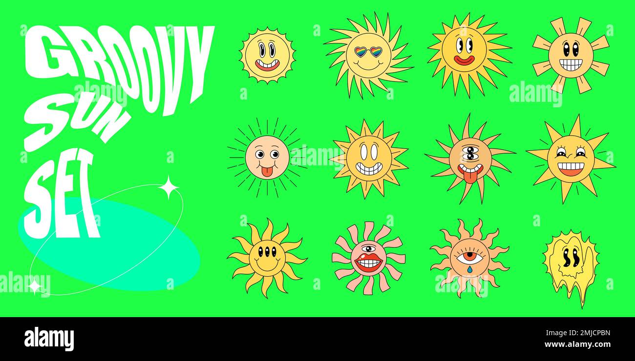 Retro groovy style shiny sun with sunbeams character set. Psychedelic ...