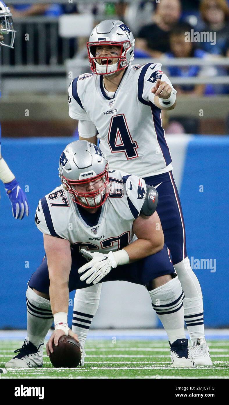 New England Patriots quarterback Jarrett Stidham (4) directs the ...