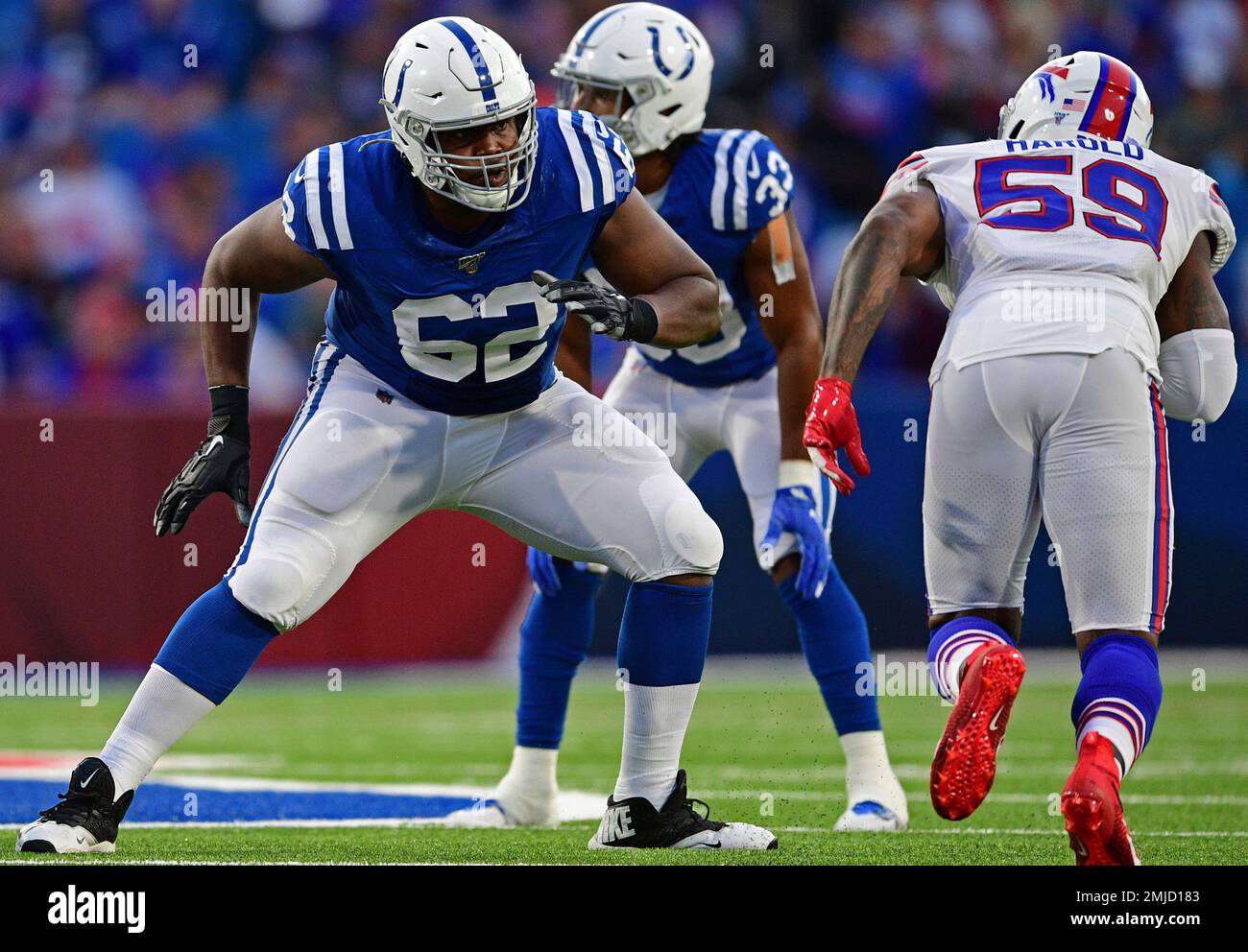 Indianapolis Colts' Le'Raven Clark (62) looks to block Buffalo Bills ...