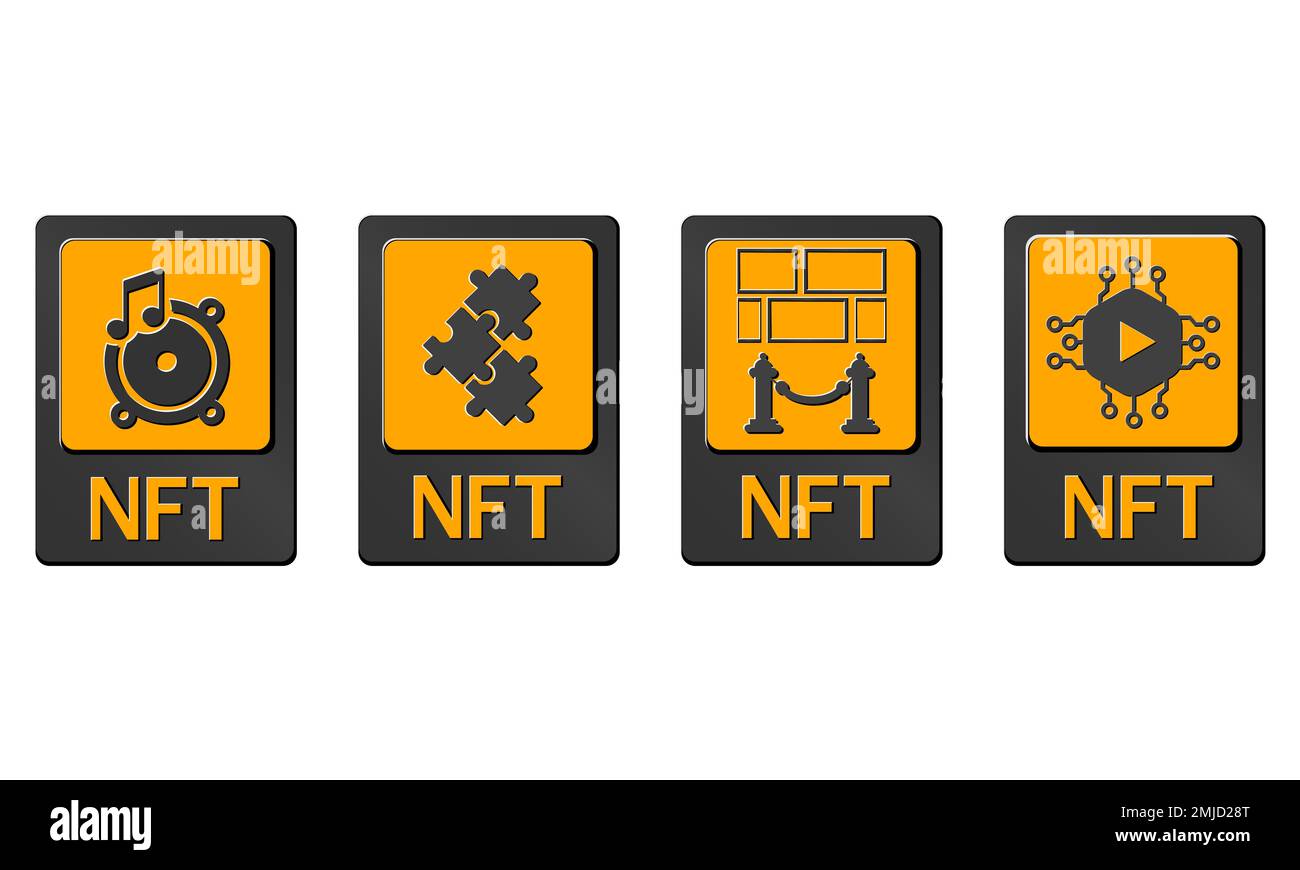 3D NFT token cards in cryptography. NFT cards with game, music, video ...