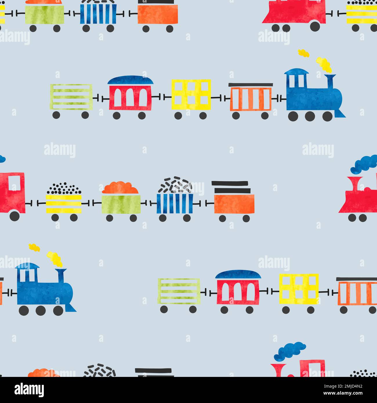 Seamless colorful watercolor toy trains pattern. Vector background for ...