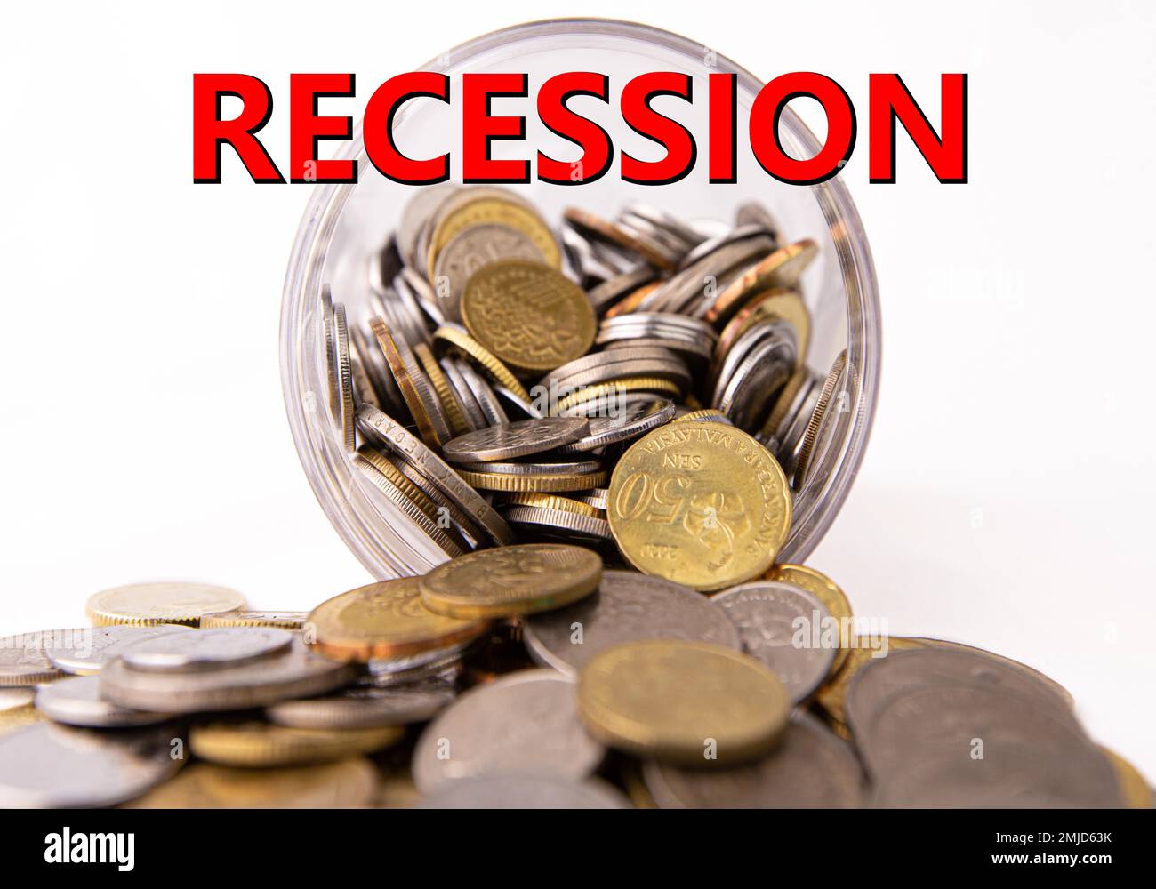 Recession Sign with Coin Falling out of jar. Global Economic Downturn ...