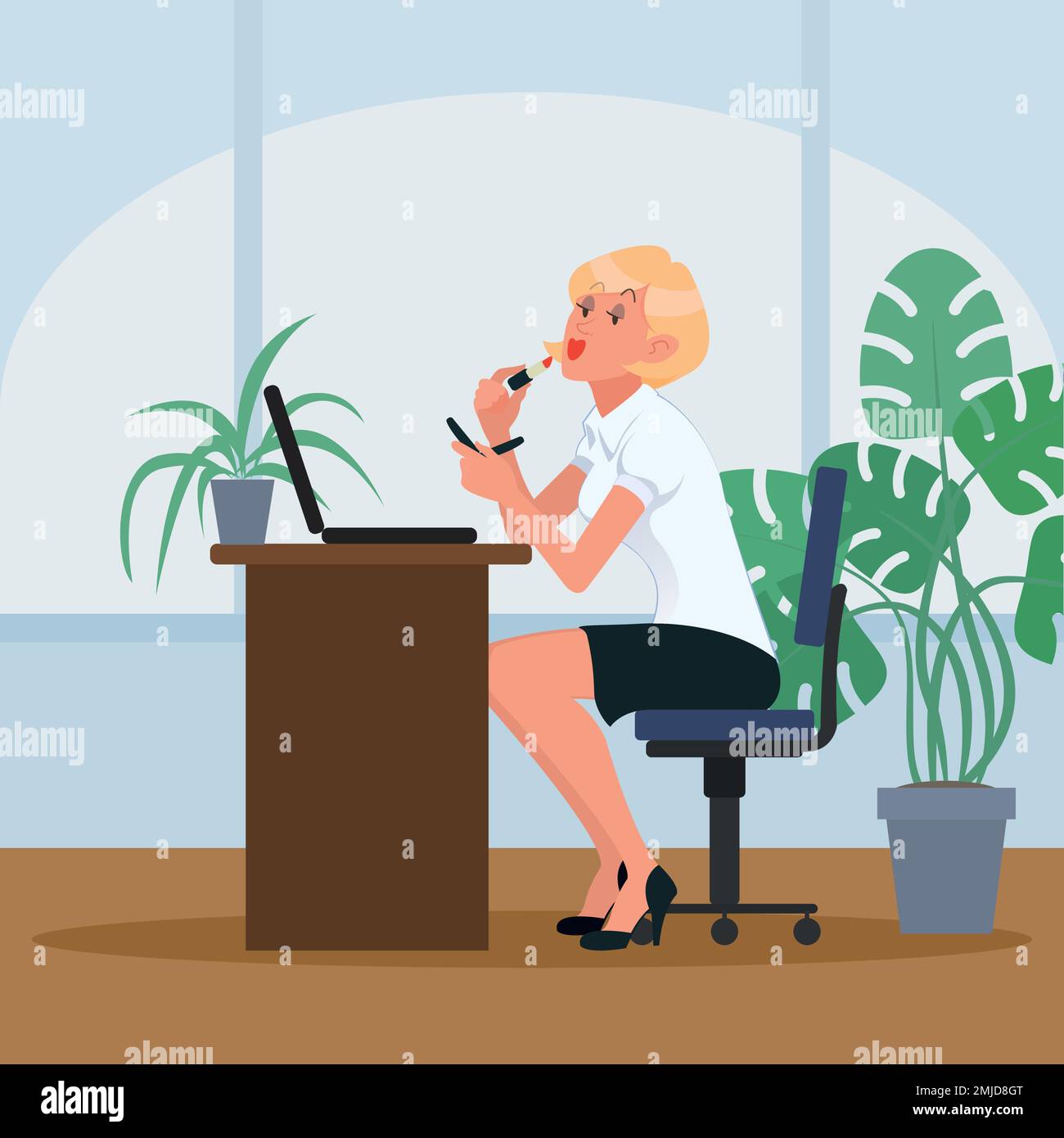 Lazy secretary doing makeup at workplace. Vector illustration Stock ...