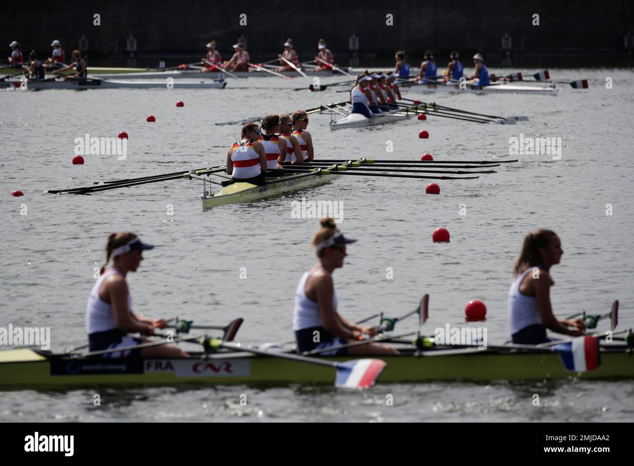 Rowers get ready for a race during the 2019 World Rowing Junior ...