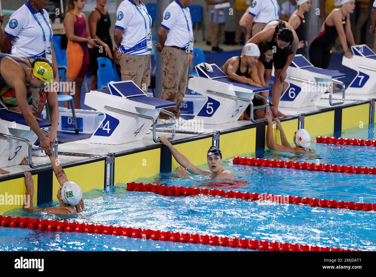 Meaghan Raab of the U.S., center, is alone in her lane after the U.S ...