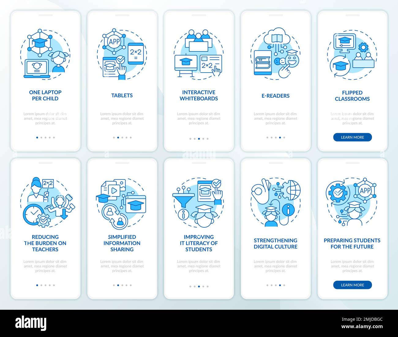 ICT in education industry blue onboarding mobile app screens set Stock ... ICT in education industry blue onboarding mobile app screens set Stock ...