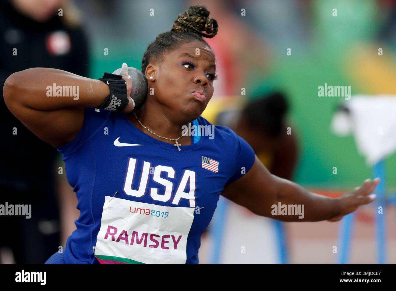 Jessica Ramsey ofUnited States competes in the women's shot put during ...