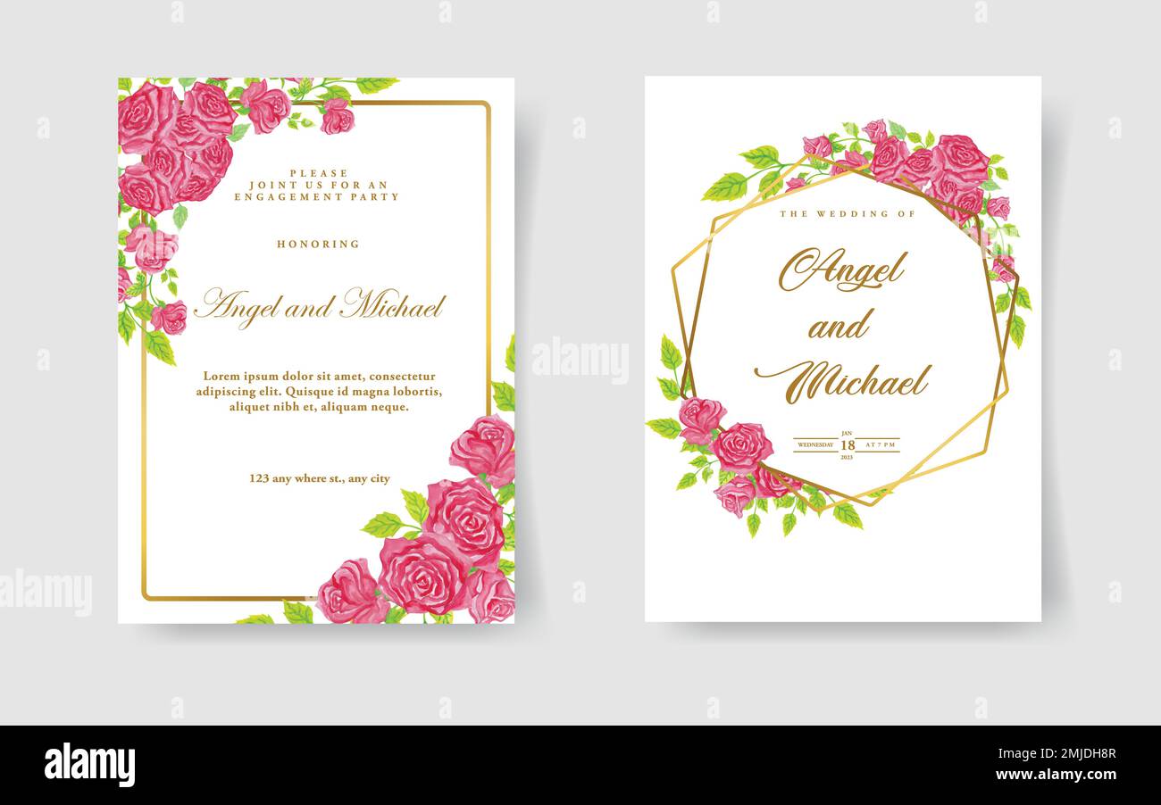 watercolor pink roses wedding invitation card set watercolor vector ...