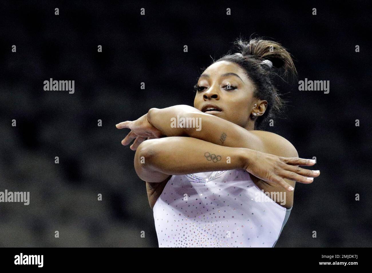 Simone Biles works on her floor routine during practice for the U.S ...