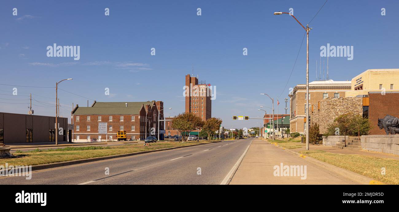 McAlester, Oklahoma, USA - October 15, 2022: The citys downtown as seen on Carl Albert Parkway ...