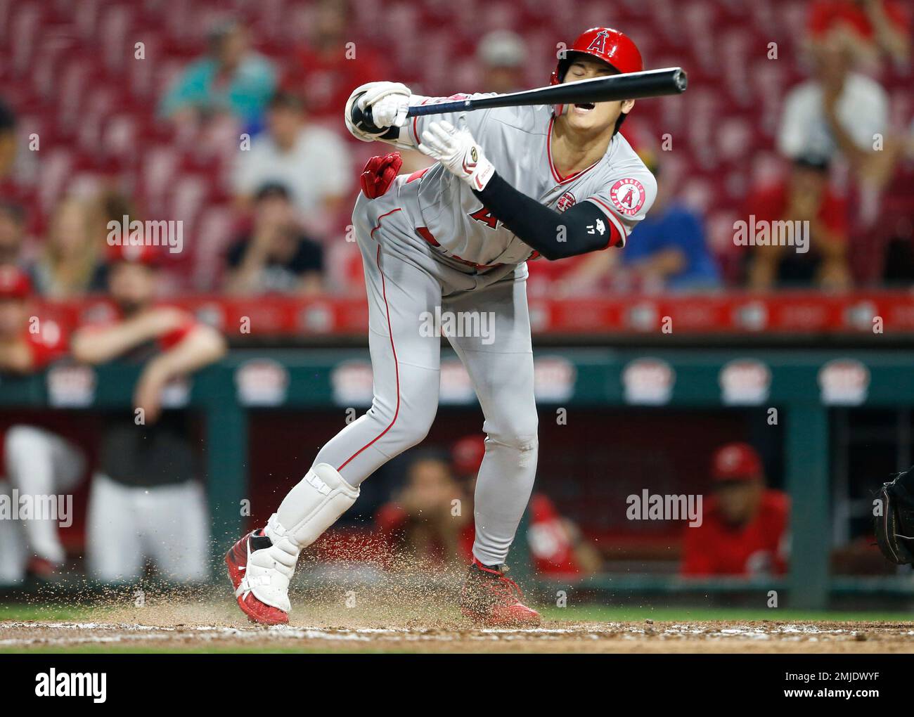 Los Angeles Angels' Shohei Ohtani reacts to an inside pitch by ...