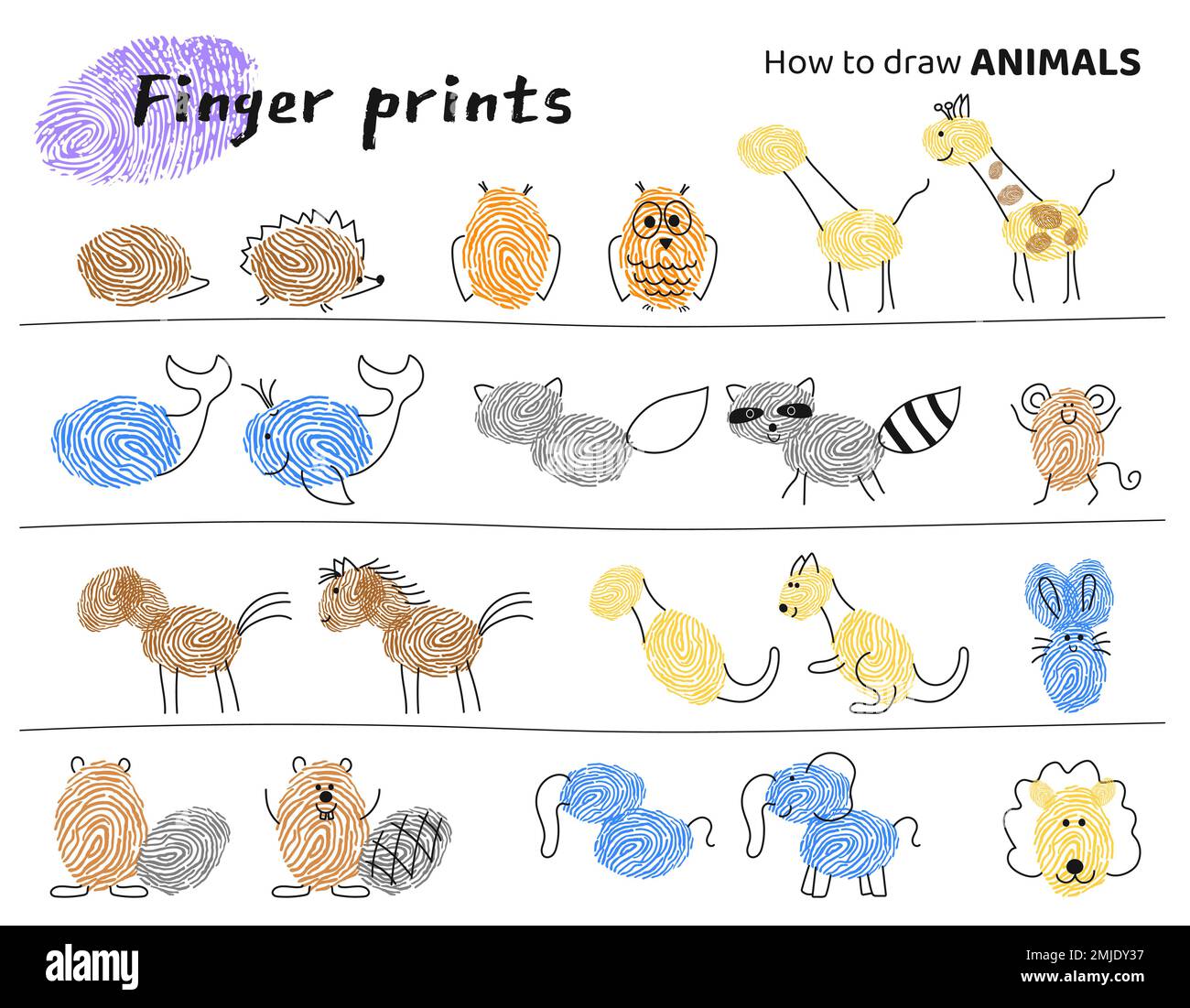 Finger prints art. Task for kids how to make different Animals Stock ...