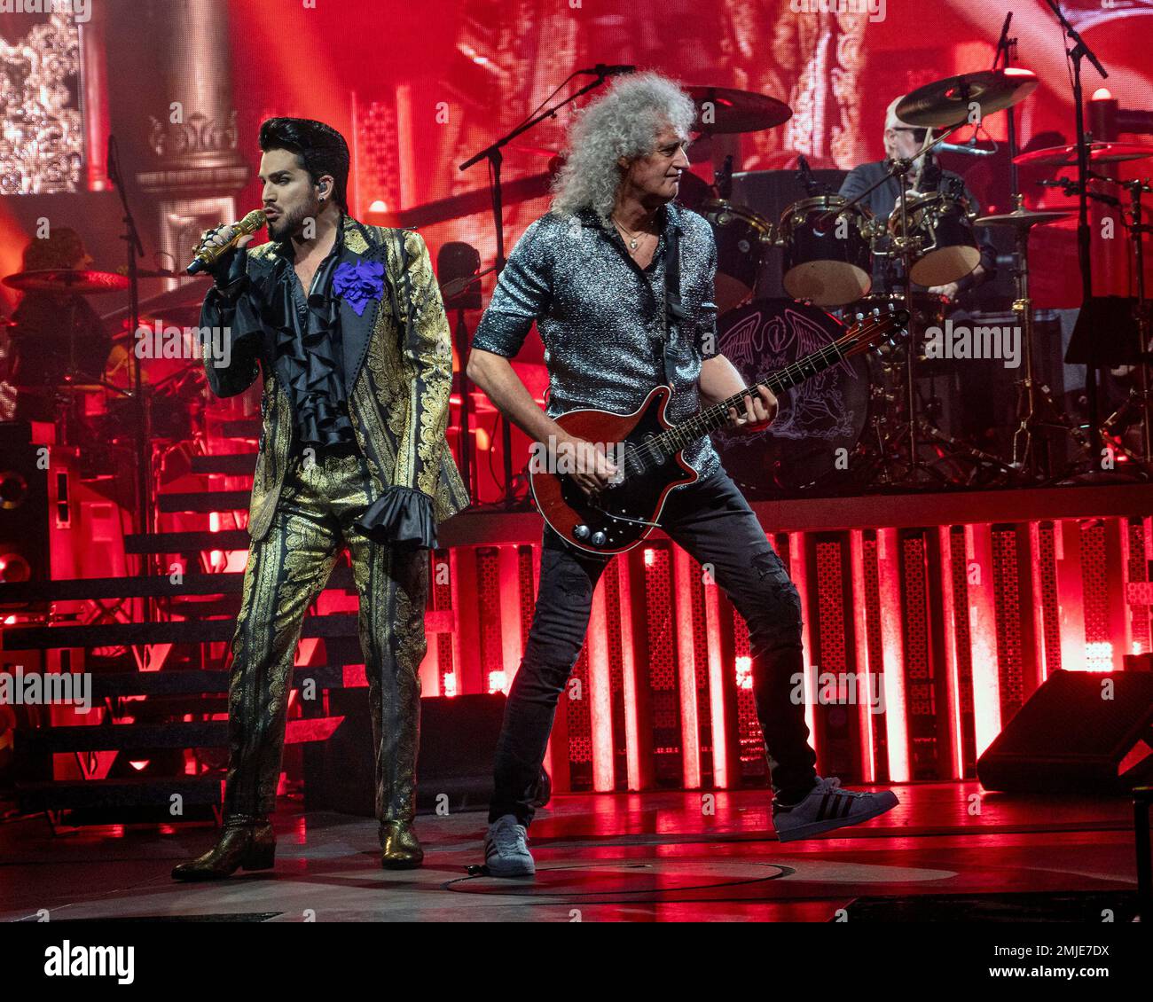 Vocalist Adam Lambert performs original Queen members guitarist Brian ... Vocalist Adam Lambert performs original Queen members guitarist Brian ...