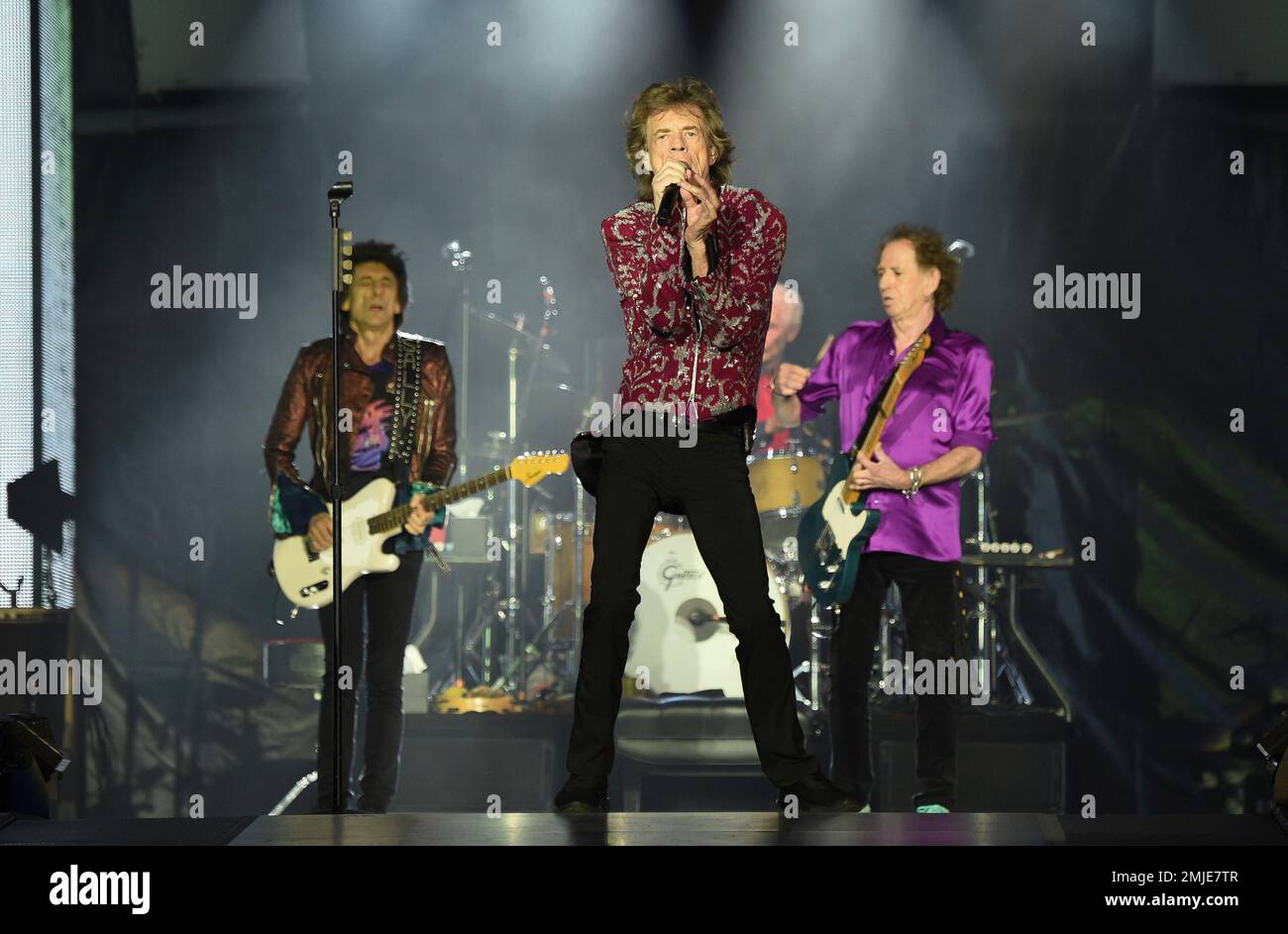 Musicians Mick Jagger, center, Ronnie Wood and Keith Richards, right ...