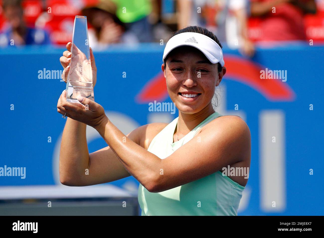 Jessica Pegula poses with a trophy after defeating Camila Giorgi, of ...