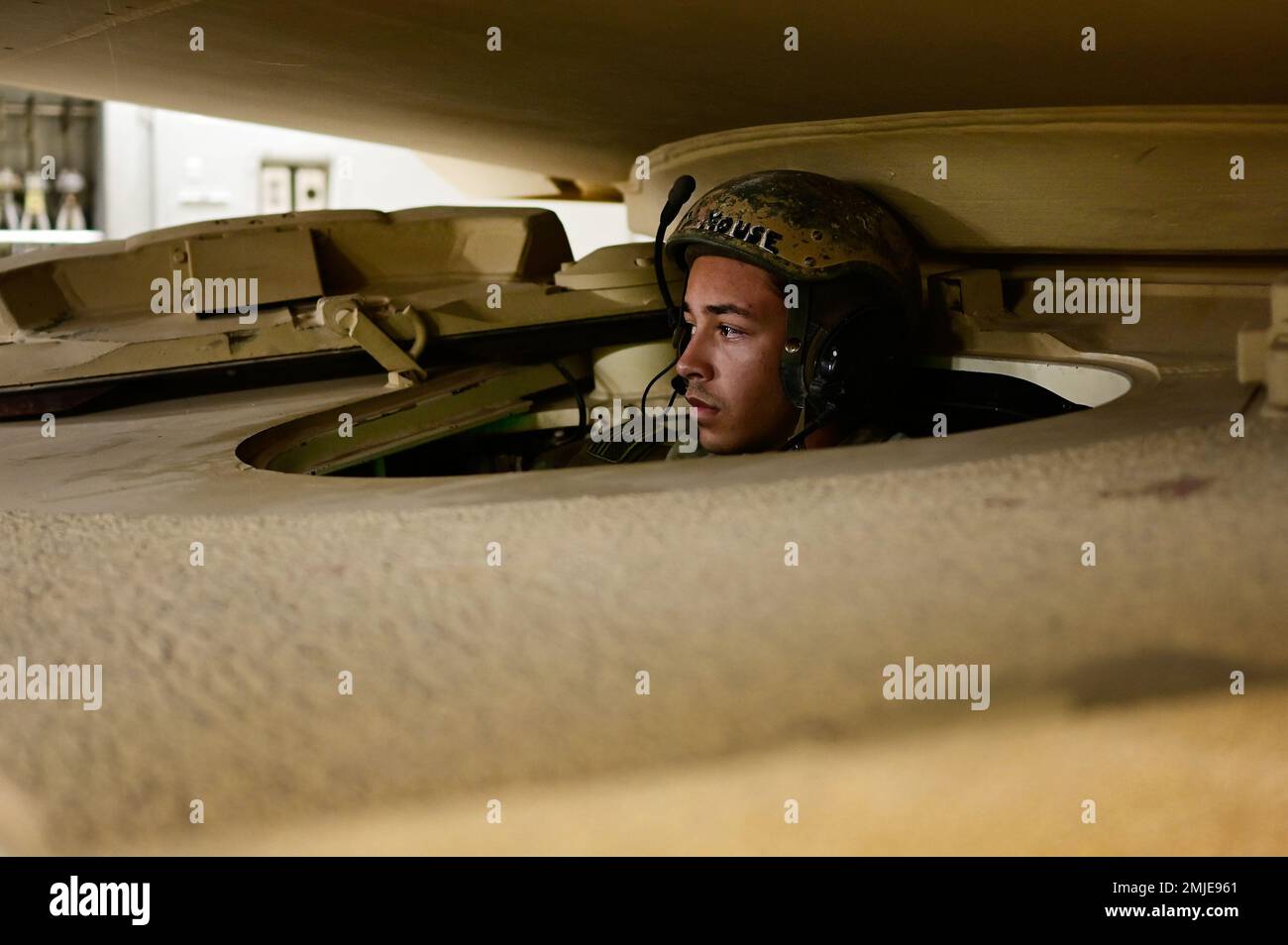 U.S. Army Specialist Felipe Barajas, M1 Armor Crewman assigned to ...