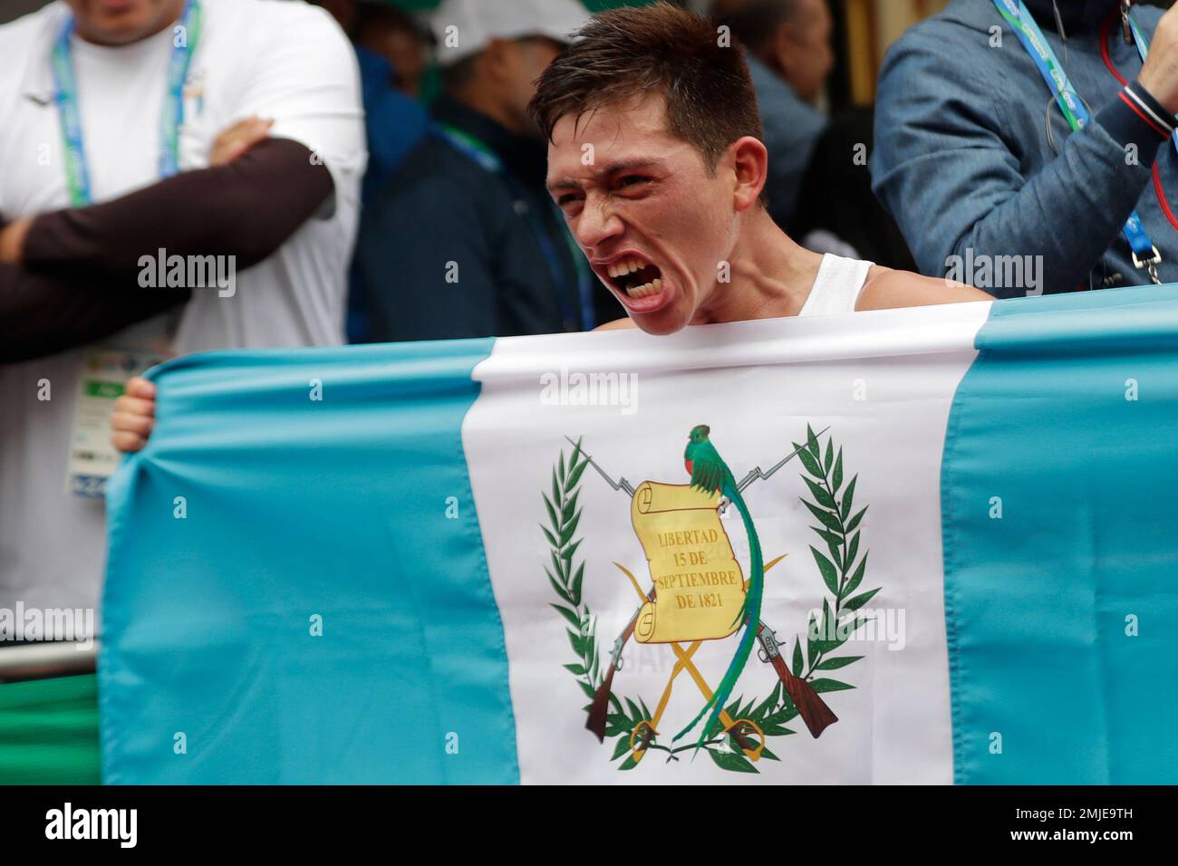 Alejandro Barrondo of Guatemala celebrates his bronze medal in the men ...
