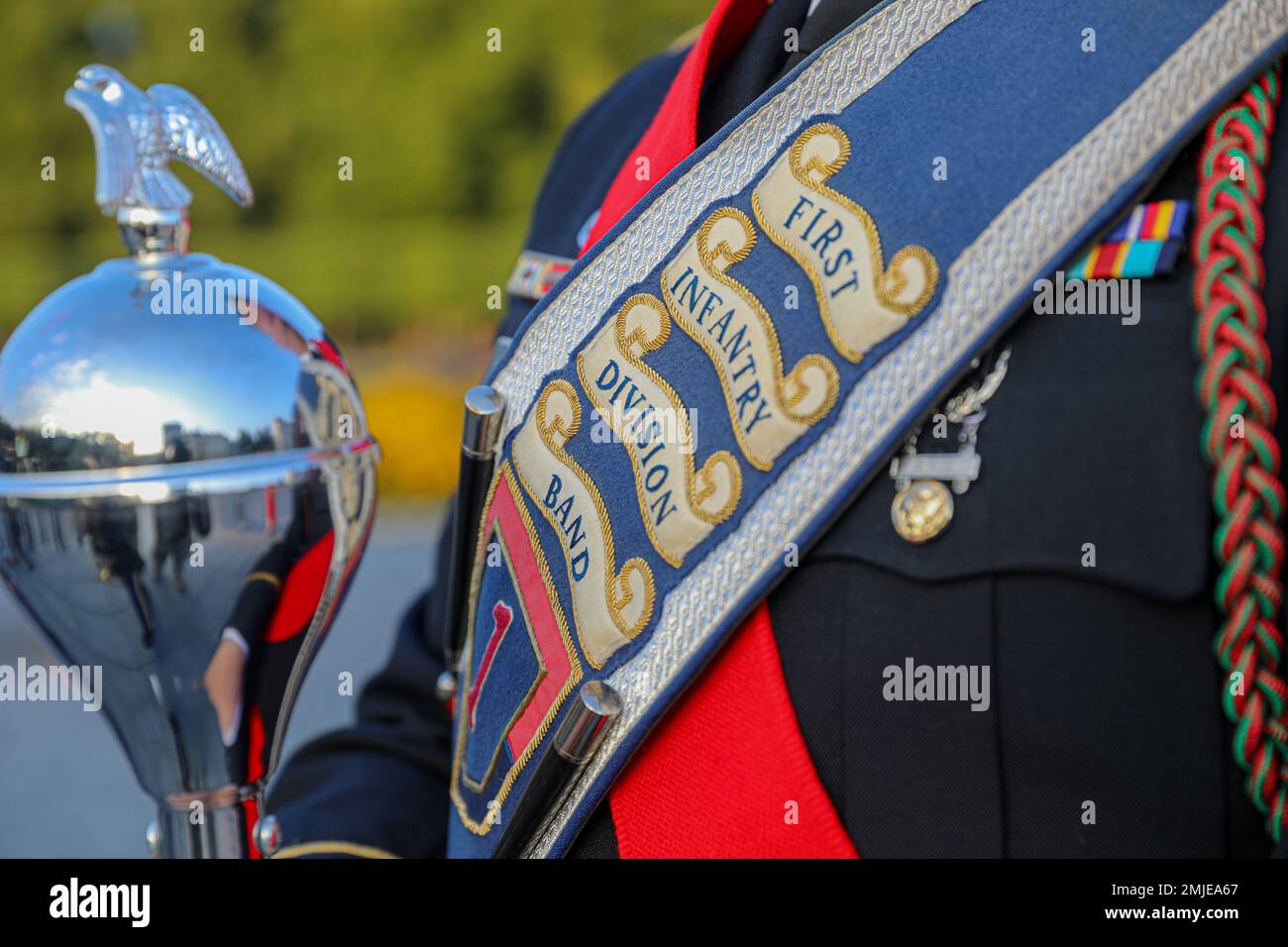 A baldric on the chest of U.S. Army Sgt. Jeremy Leach, drum major of ...