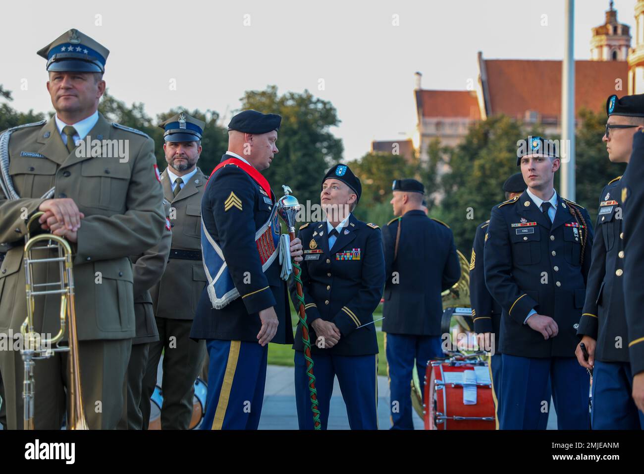 U.S. Army Sgt. Jeremy Leach, left, drum major of the 1st Infantry ...