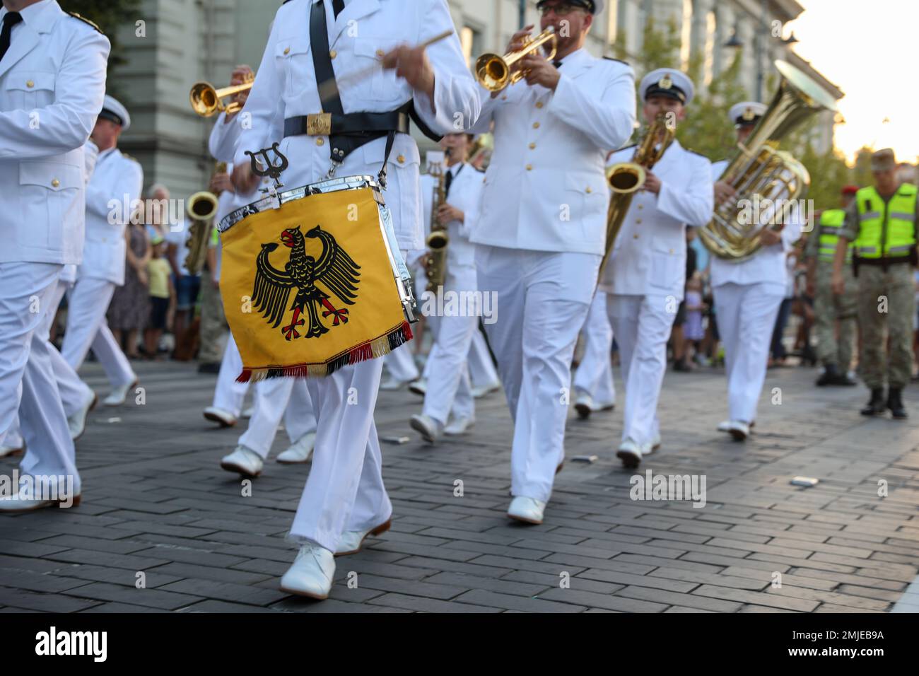 A German navy marching band marches in a parade at Vilnius, Lithuania ...