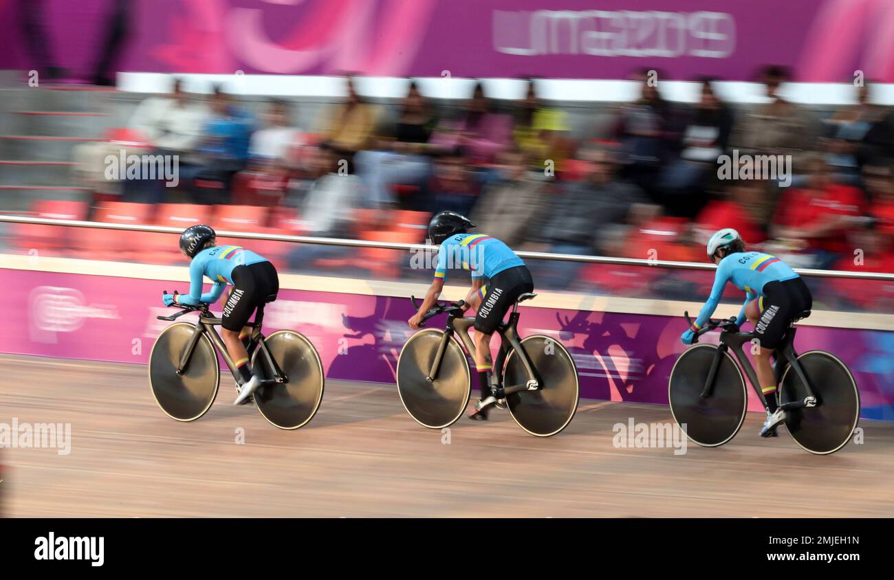 Colombia's cycling team warms up before before competing for the bronze ...