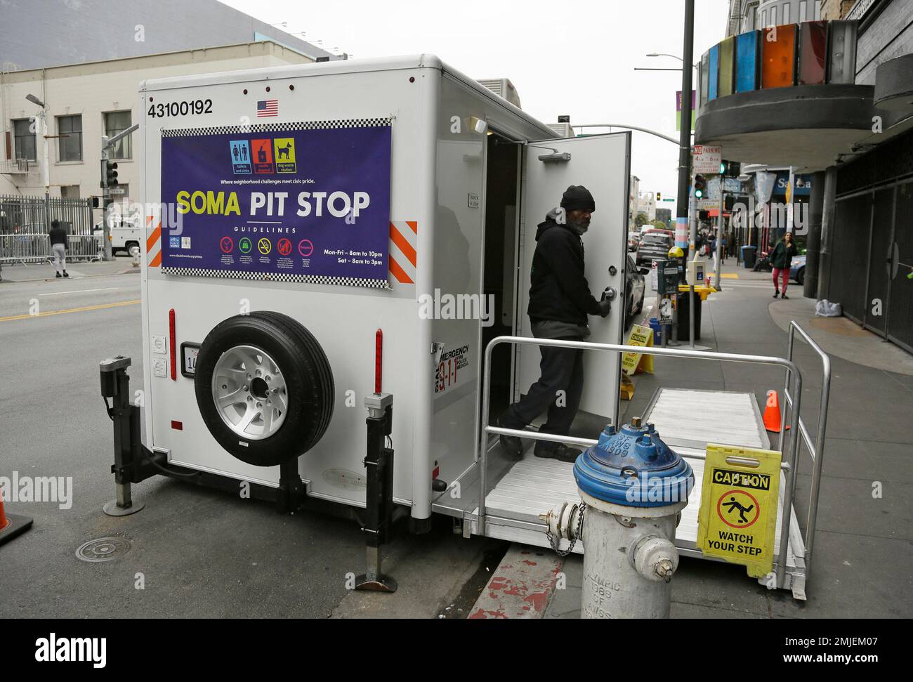 An attendant exits a "Pit Stop" public toilet on Sixth Street, Thursday ...