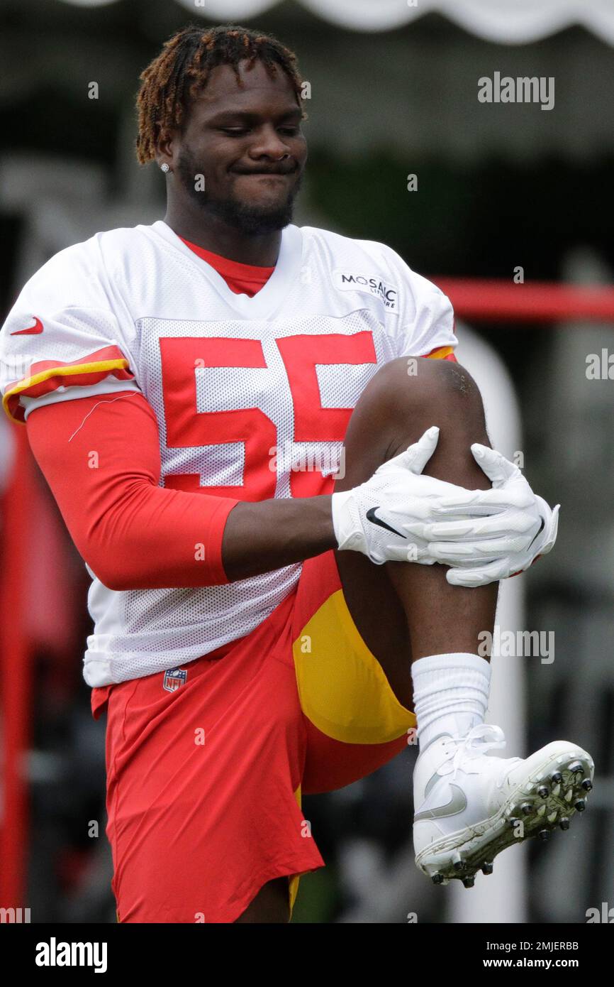 Kansas City Chiefs defensive end Frank Clark stretches during NFL ...