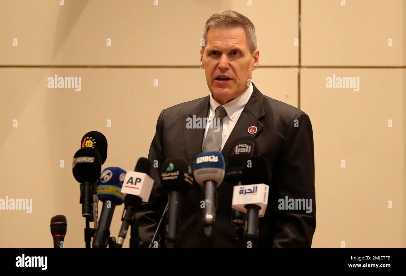 Matthew Tueller, the U.S. ambassador to Iraq, addresses a gathering to ...