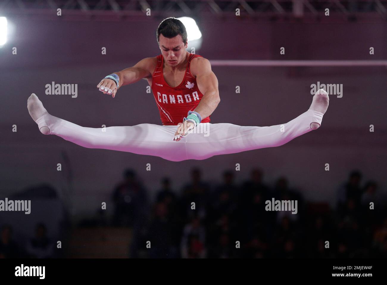 Rene Cournoyer of Canada competes on the horizontal bar in the men's ...