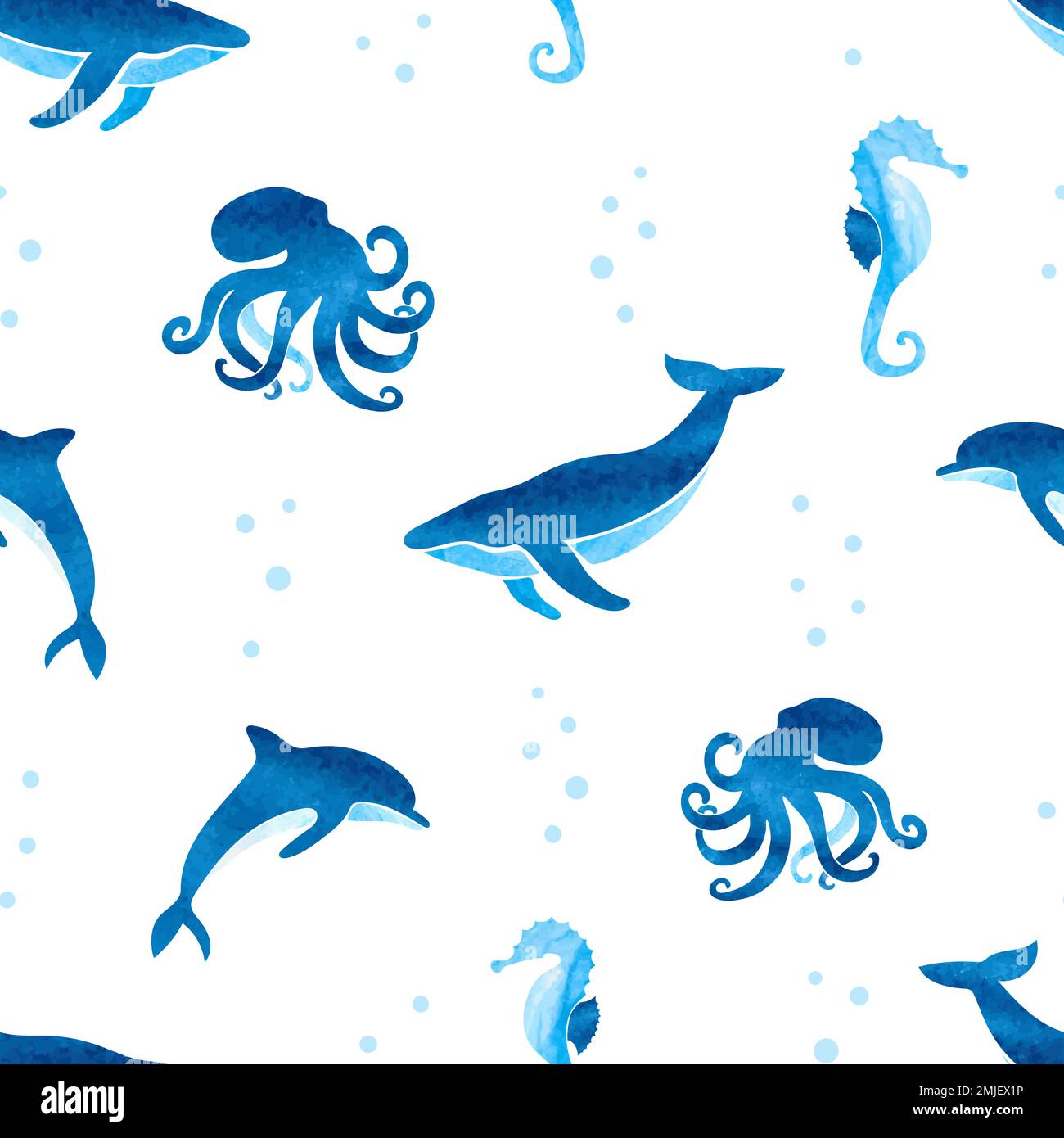 Seamless pattern with watercolor sea animals. Vector underwater ...