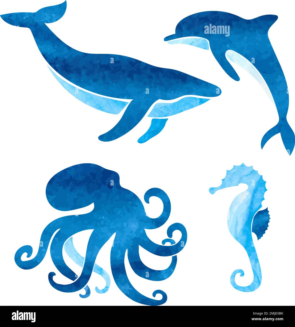 Watercolor sea animals set. Vector nautical illustration of whale ...