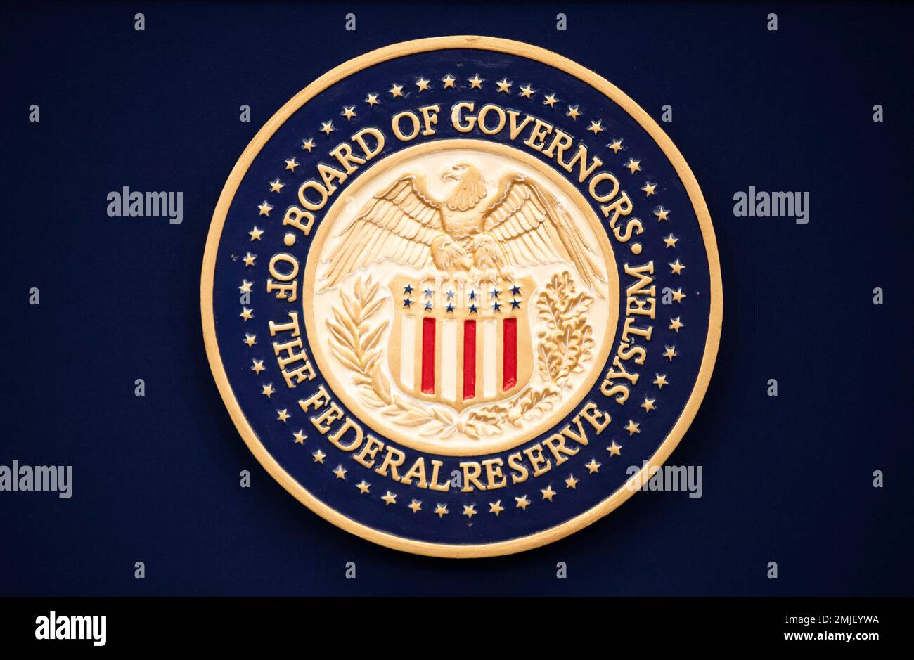 The Federal Reserve logo is shown before the start of a scheduled news ...
