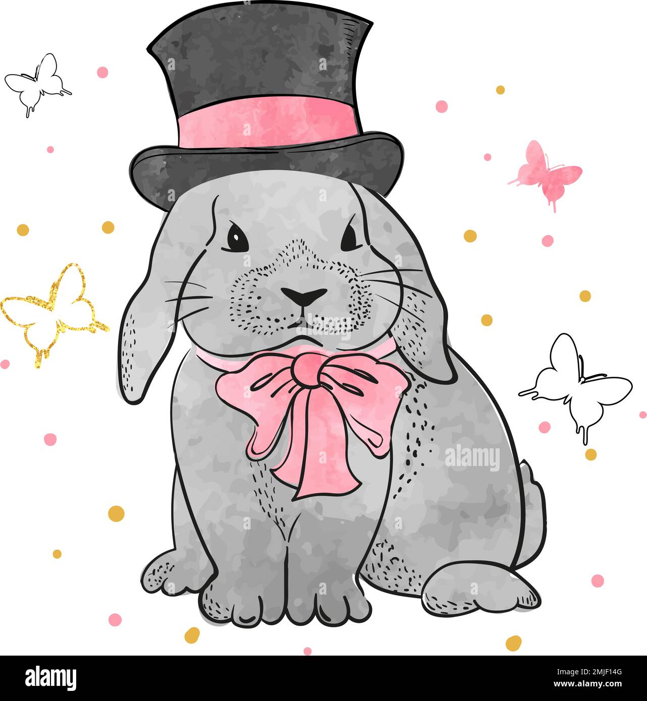 Cute watercolor rabbit boy with bow and hat. Vector illustration of ...