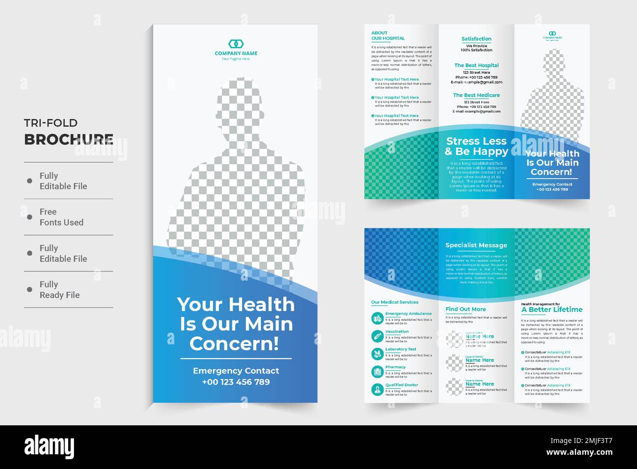 Medical trifold brochure template design with blue color shapes. Modern ...