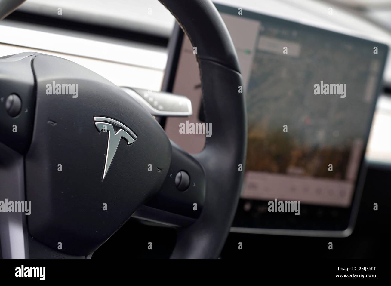 The interior of a Tesla Model 3 is shown Wednesday, July 17, 2019 in ...