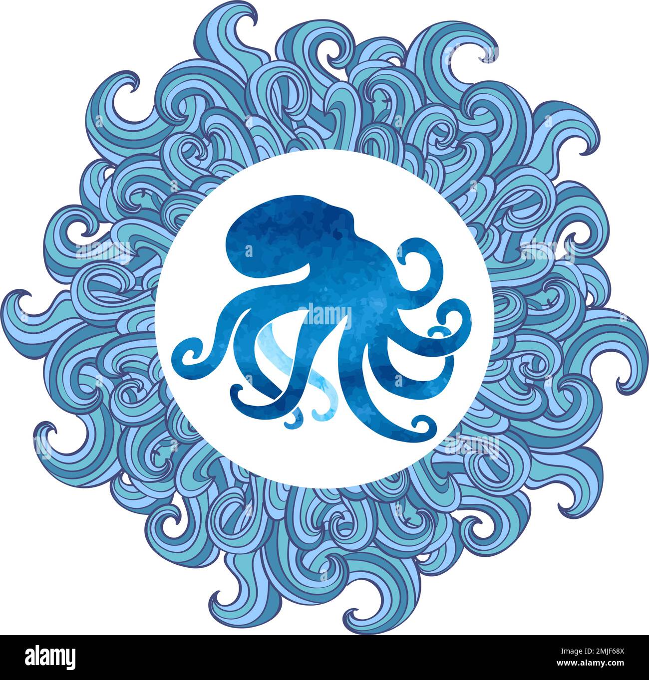 Watercolor octopus vector illustration. Blue octopus silhouette in ...