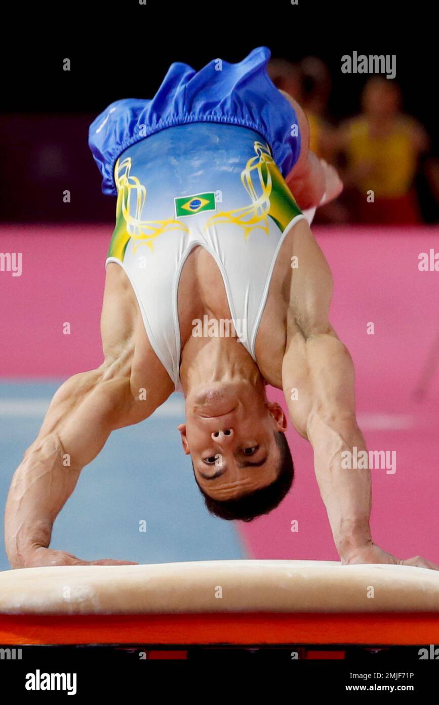 Caio Souza of Brazil competes on the vault to win the gold medal for ...
