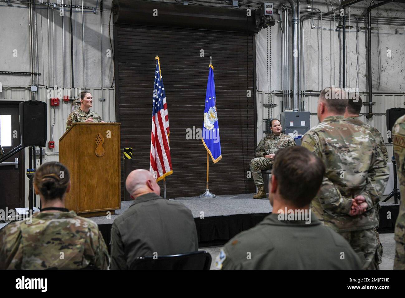 Maj. Naomi Ballard delivers a speech to the 477th Maintenance Squadron ...