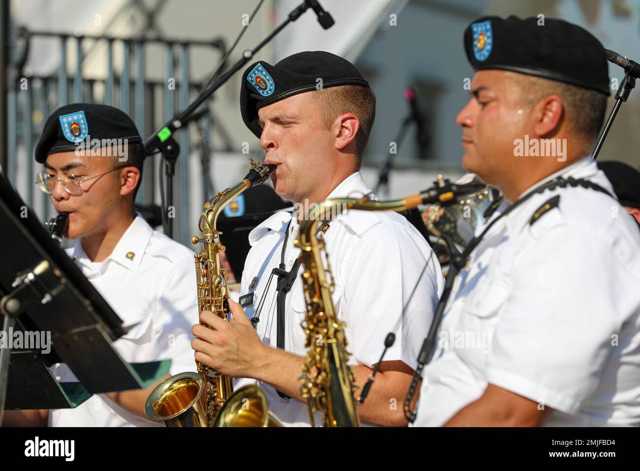 U.S. Army Spc. Mark Northup, alto saxophone player assigned to the 1st ...