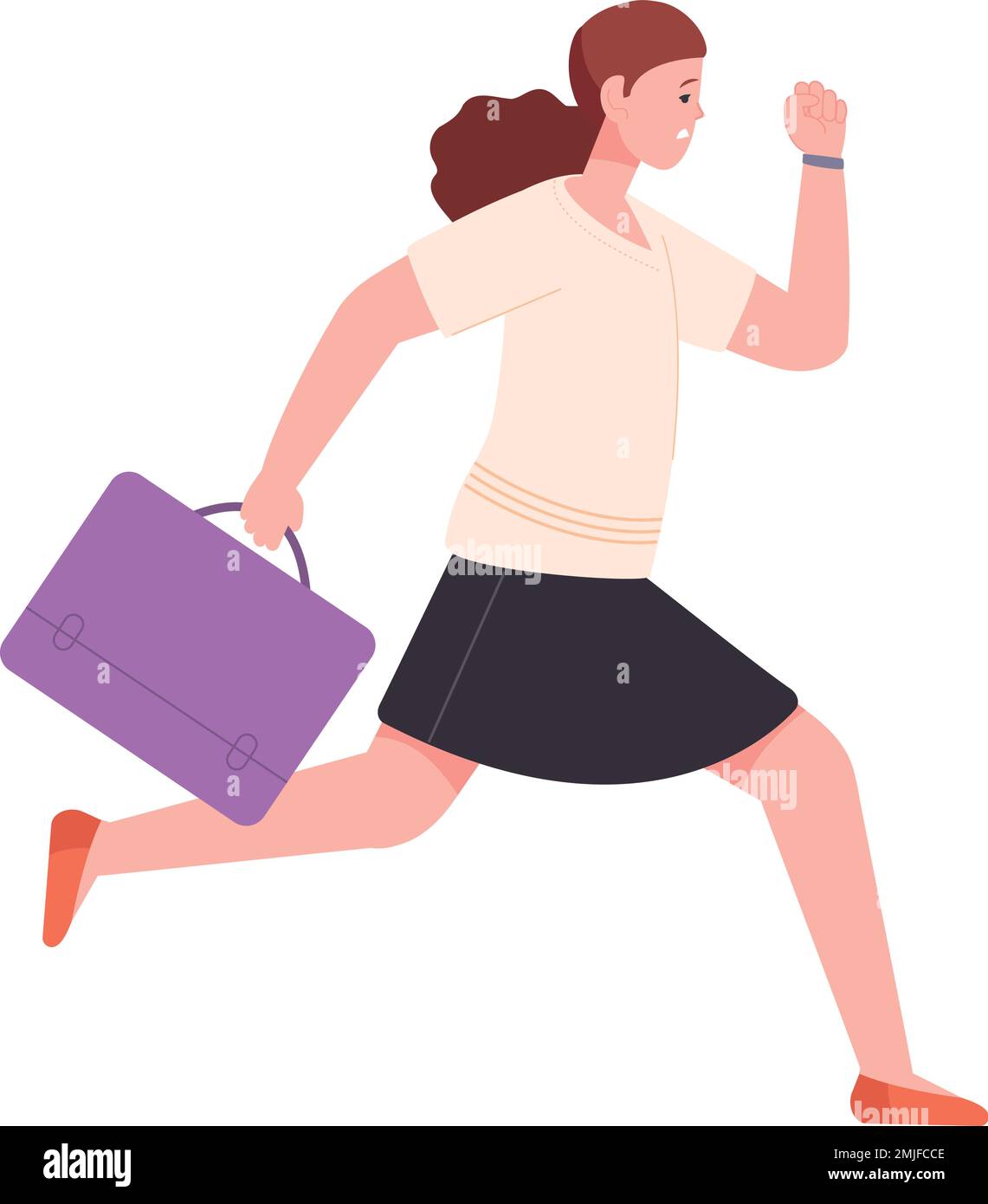 Woman late for work. Running person with business bag isolated on white ...