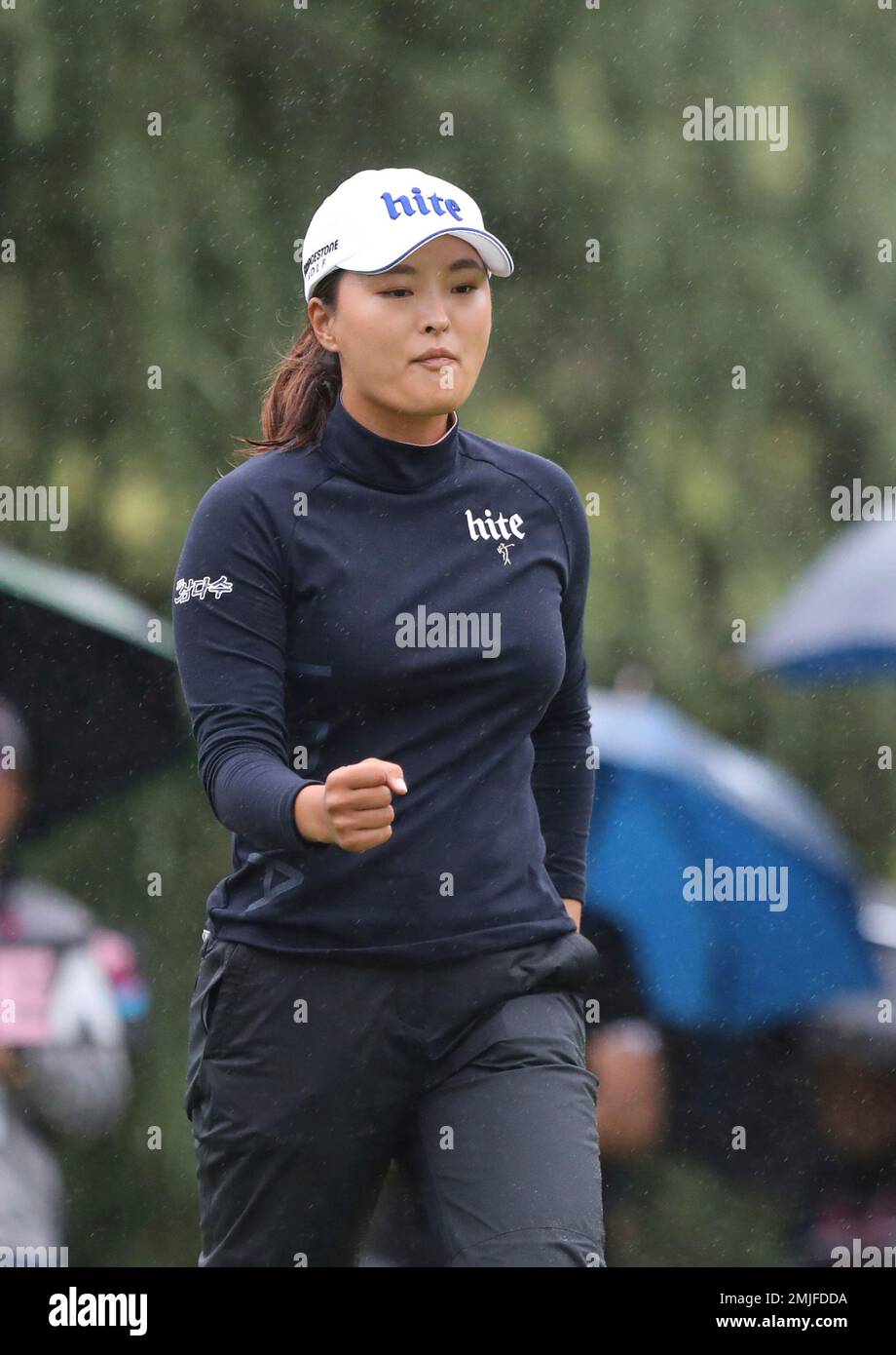 South Korea's Ko Jin-young celebrates hitting a birdie putt on the 17th ...